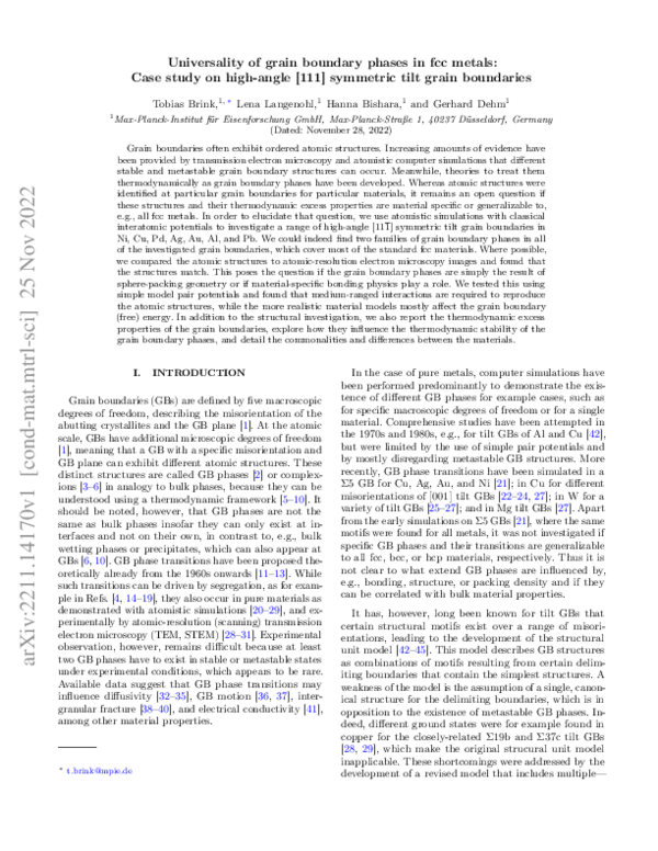 (PDF) Universality of grain boundary phases in fcc metals: Case study on high-angle [111 ...