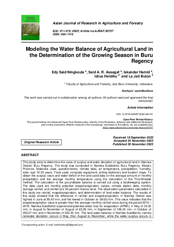 (PDF) Modeling the Water Balance of Agricultural Land in the ...