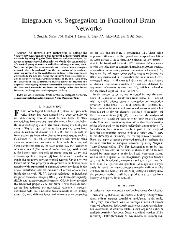 (PDF) Integration Versus Segregation in Functional Brain Networks