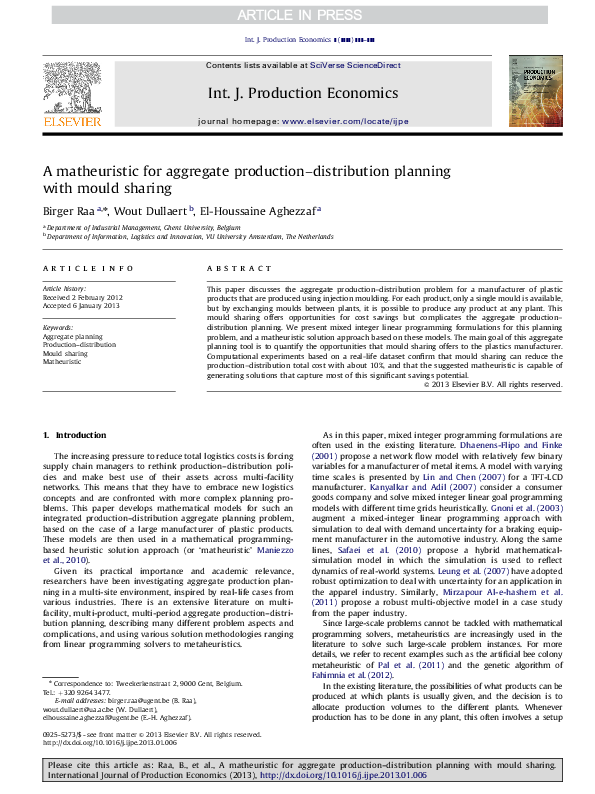 (PDF) A matheuristic for aggregate production–distribution planning ...
