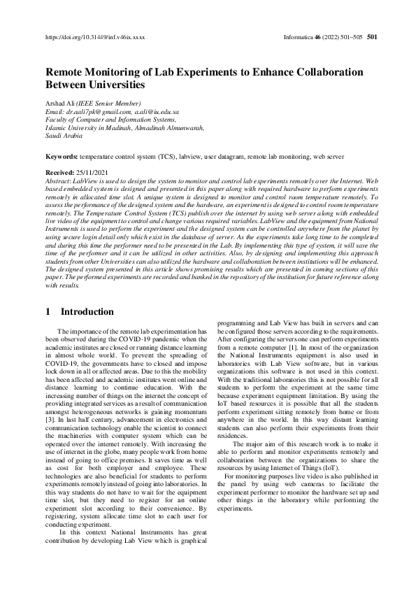 (PDF) Remote Monitoring of Lab Experiments to Enhance Collaboration Between Universities