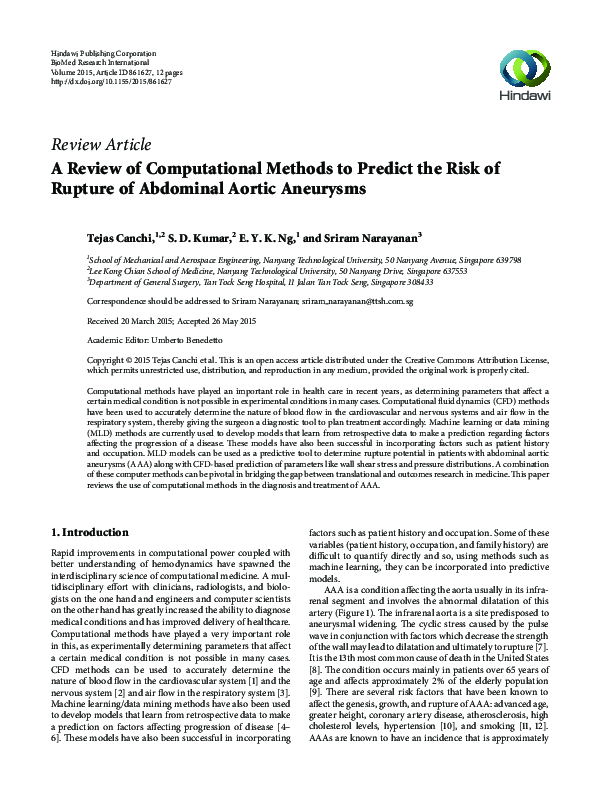 Pdf A Review Of Computational Methods To Predict The Risk Of Rupture
