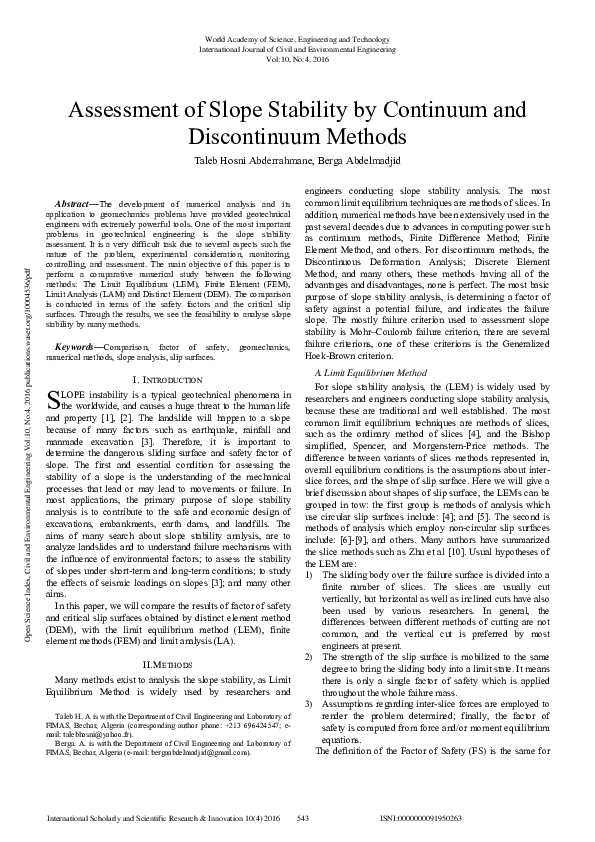 (PDF) Assessment Of Slope Stability By Continuum And Discontinuum Methods