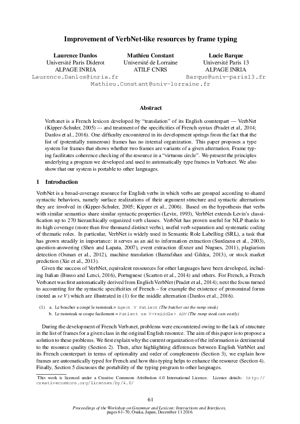 (PDF) Improvement of VerbNet-like resources by frame typing