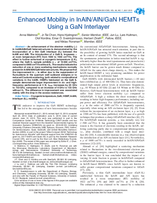 (PDF) Enhanced Mobility in InAlN/AlN/GaN HEMTs Using a GaN Interlayer