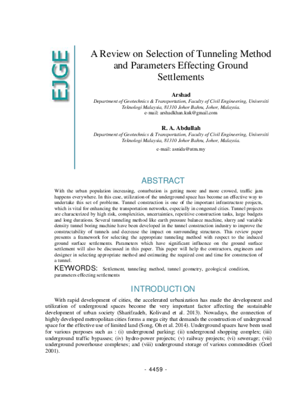 (PDF) Tunneling Method Selection and Ground Settlement Effects