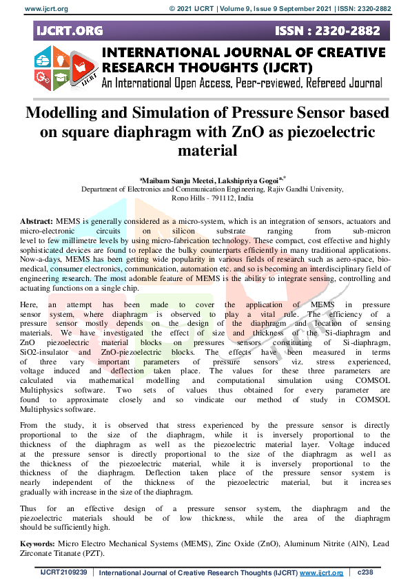 Pdf Modelling And Simulation Of Pressure Sensor Based On Square Diaphragm With Zno As