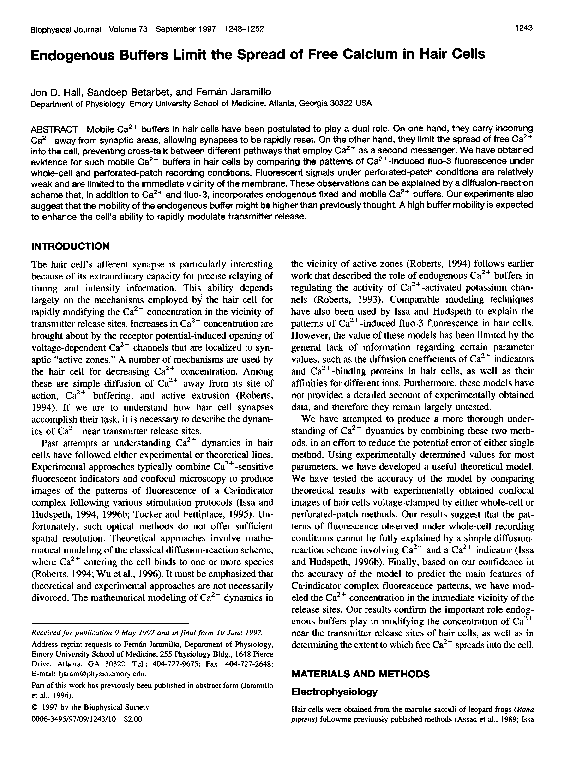 (PDF) Endogenous buffers limit the spread of free calcium in hair cells ...