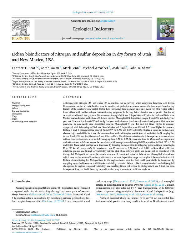 (PDF) Lichen bioindicators of nitrogen and sulfur deposition in dry ...
