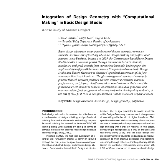 (PDF) Integration of Design Geometry with "Computational Making" in Basic Design Studio - A Case ...