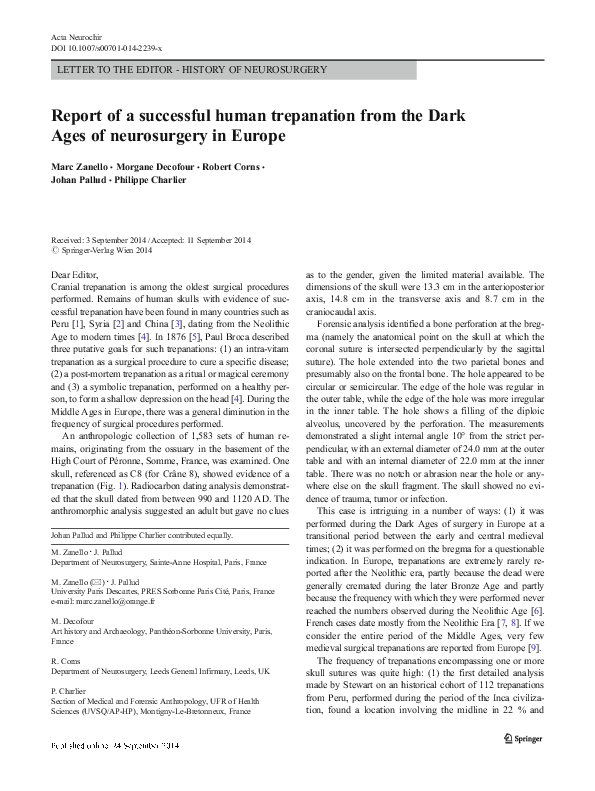 (PDF) Report of a successful human trepanation from the Dark Ages of ...