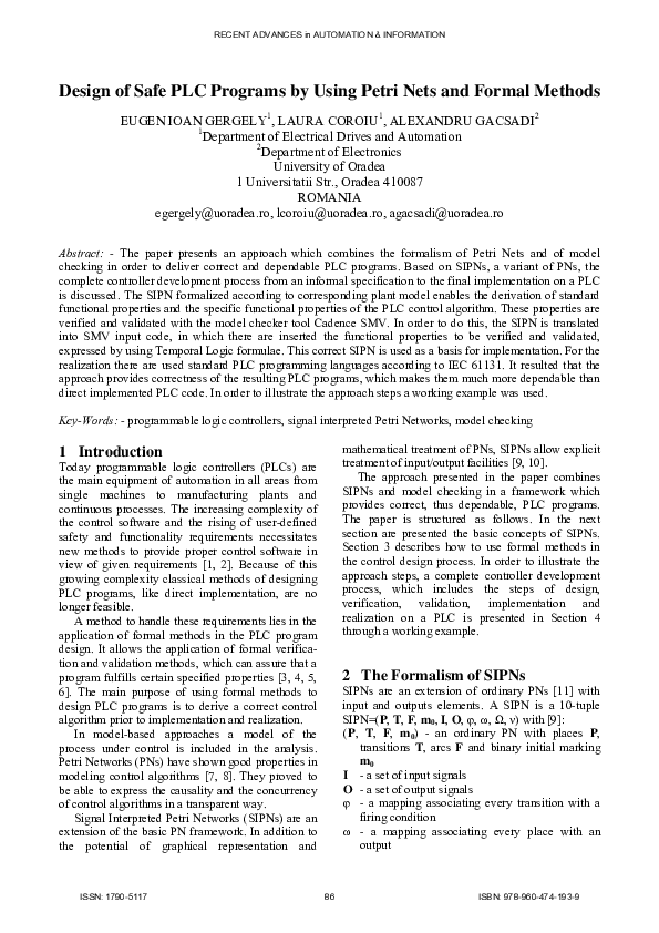 (PDF) Design of safe PLC programs by using Petri nets and formal methods