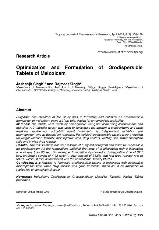(PDF) Optimization and Formulation of Orodispersible Tablets of Meloxicam