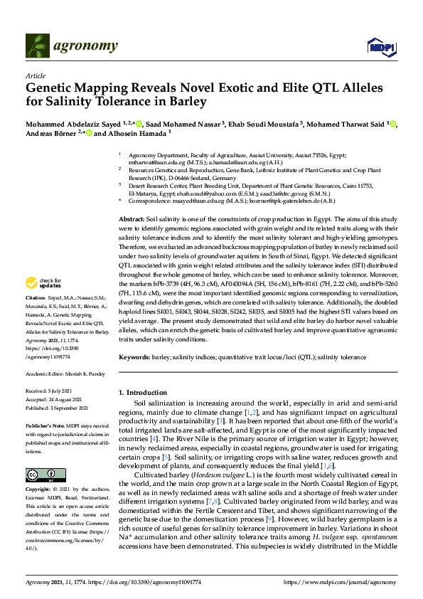 (PDF) Genetic Mapping Reveals Novel Exotic and Elite QTL Alleles for Salinity Tolerance in Barley