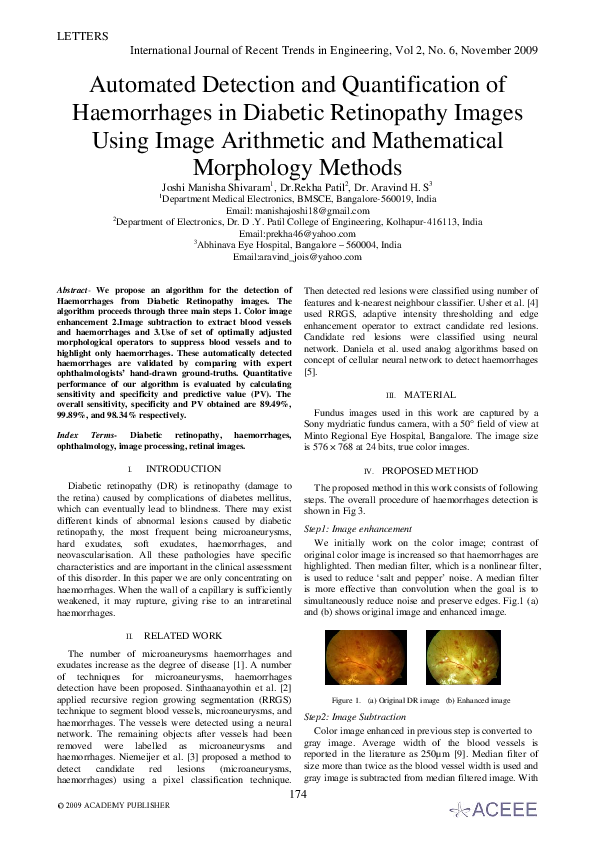 Pdf Automated Detection And Quantification Of Haemorrhages In Diabetic Retinopathy Images