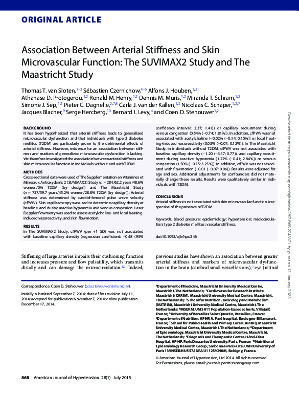 (PDF) Association Between Arterial Stiffness and Skin Microvascular Function: The SUVIMAX2 Study ...