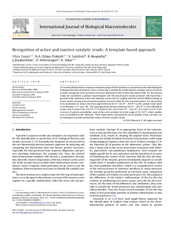 Pdf Recognition Of Active And Inactive Catalytic Triads A Template Based Approach Prakash