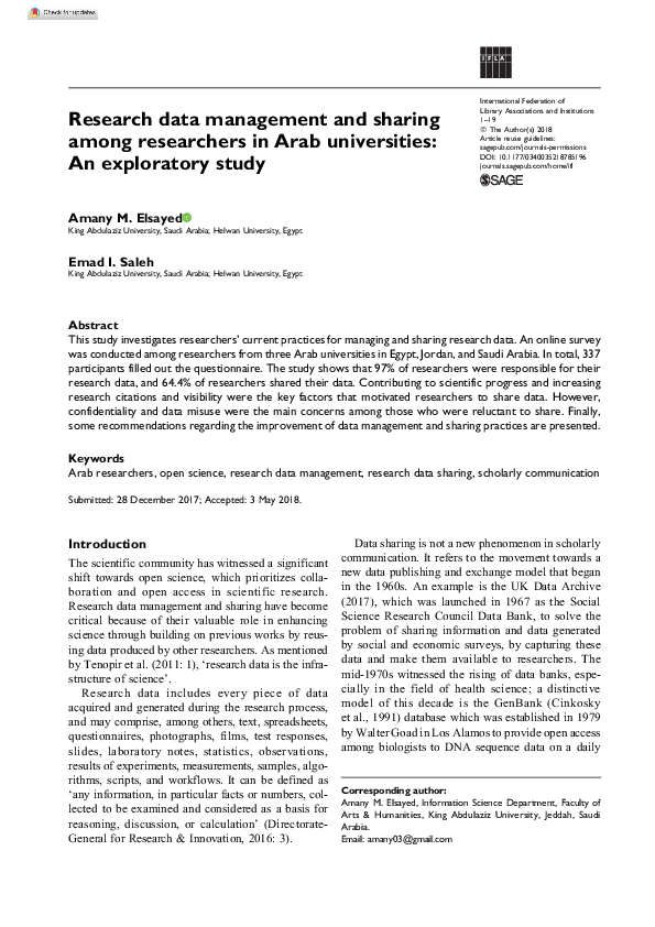 (PDF) Research data management and sharing among researchers in Arab universities: An ...