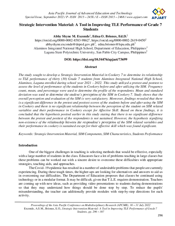 (PDF) Strategic Intervention Material: A Tool in Improving TLE Performance of Grade 7 Students