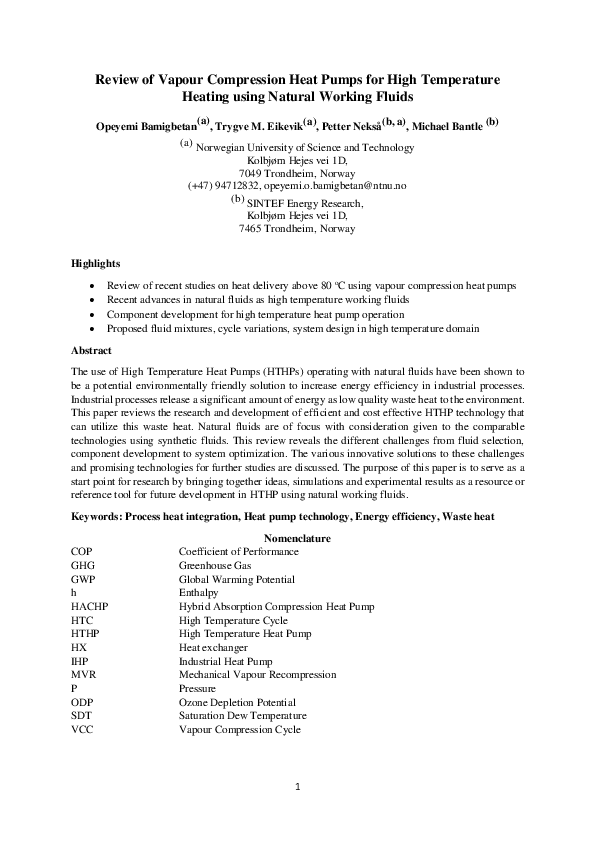 (PDF) Review of vapour compression heat pumps for high temperature ...