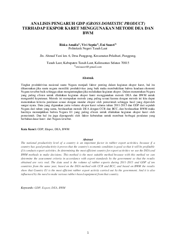 (PDF) Analisis Pengaruh GDP (Gross Domestic Product) Terhadap Ekspor Karet Menggunakan Metode ...