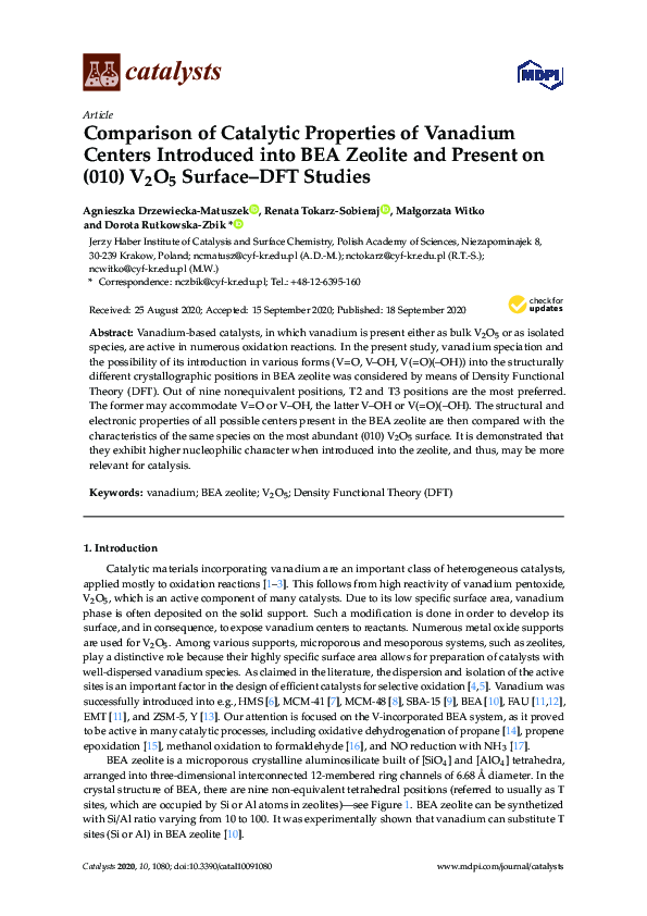 (PDF) Comparison of Catalytic Properties of Vanadium Centers Introduced ...