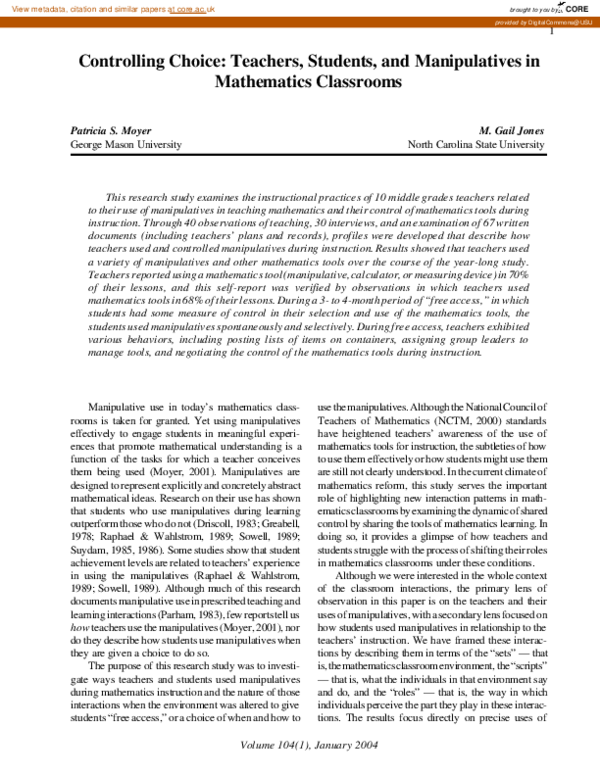 (PDF) Controlling Choice: Teachers, Students, and Manipulatives in ...