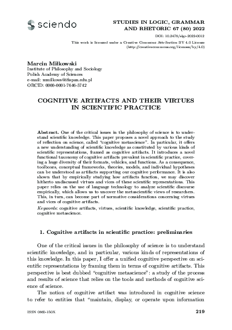 (PDF) COGNITIVE ARTIFACTS AND THEIR VIRTUES IN SCIENTIFIC PRACTICE