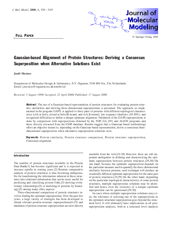(PDF) Gaussian-based Alignment of Protein Structures: Deriving a ...