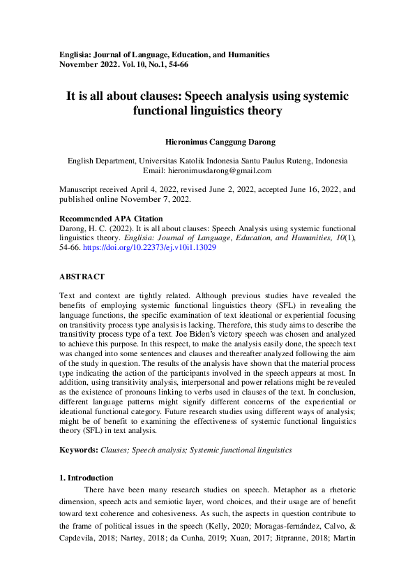 (PDF) It is all about clauses: Speech analysis using systemic functional linguistics theory