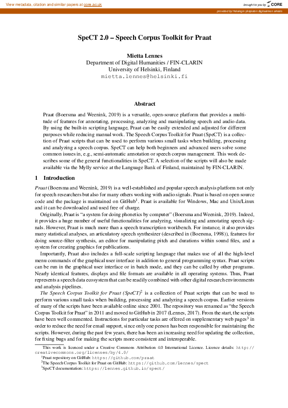(PDF) SpeCT 2.0 – Speech Corpus Toolkit for Praat