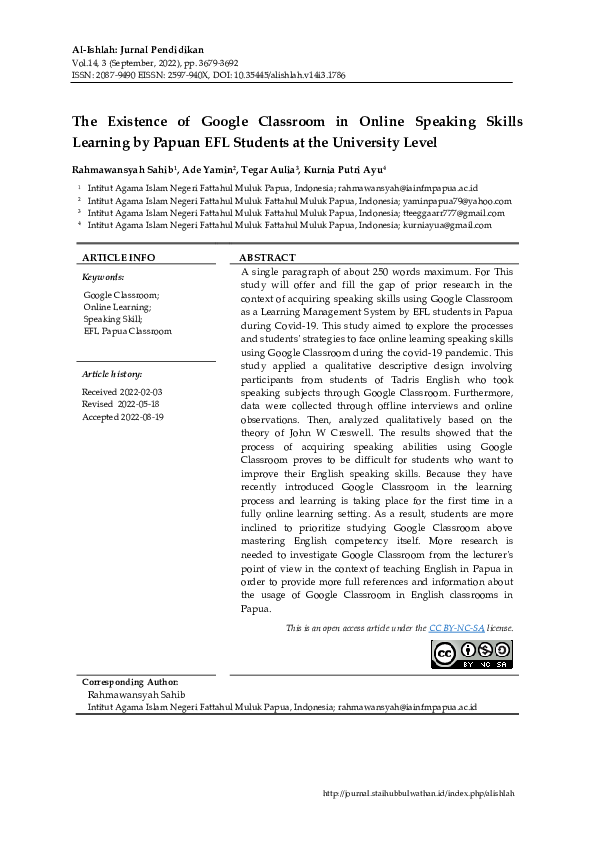 (PDF) The Existence of Google Classroom in Online Speaking Skills Learning by Papuan EFL ...