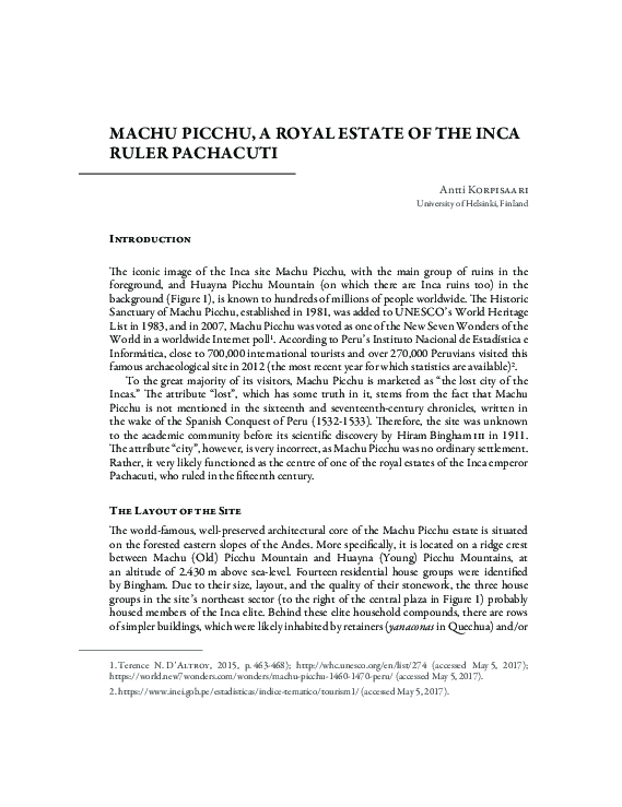 (PDF) Machu Picchu, a Royal Estate of the Inca Ruler Pachacuti