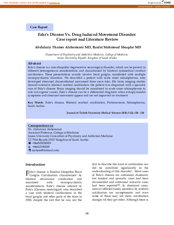 (PDF) Fahr's Disease Vs. Drug Induced Movement Disorder: Case report ...