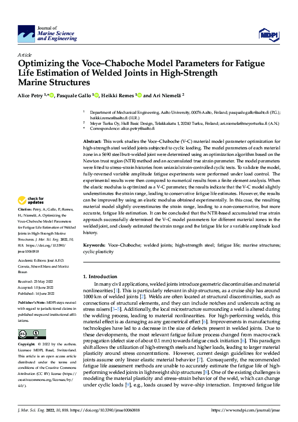 (PDF) Optimizing the Voce–Chaboche Model Parameters for Fatigue Life ...