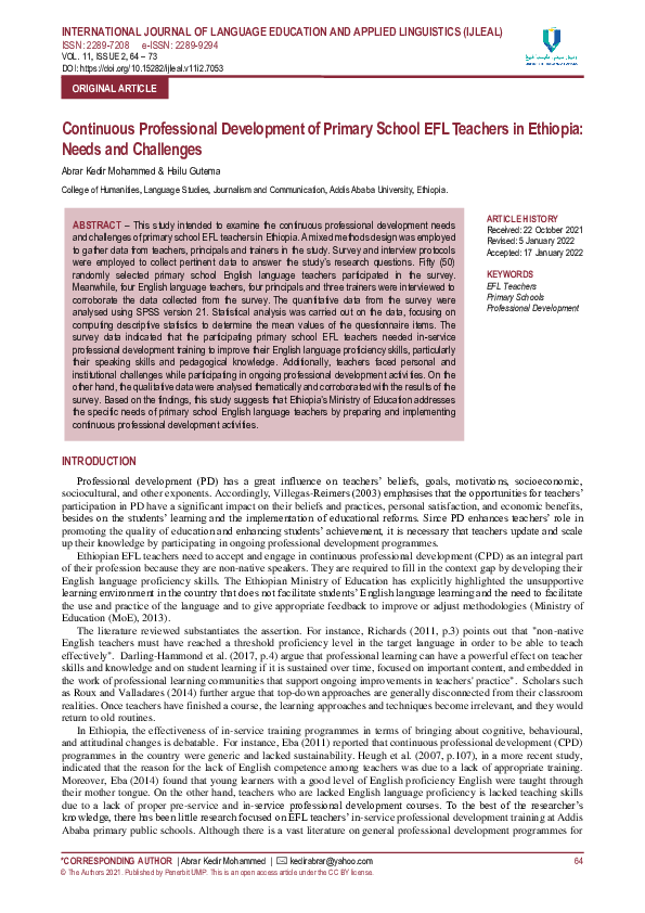 (PDF) Continuous Professional Development of Primary School EFL Teachers in Ethiopia: Needs and ...