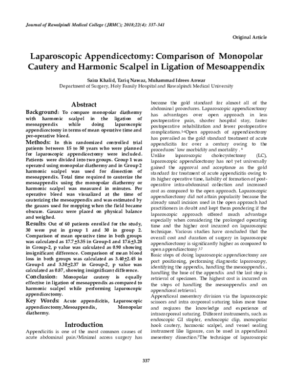 (PDF) Laparoscopic Appendicectomy: Comparison of Monopolar Cautery and ...