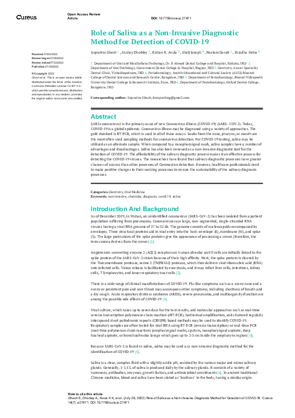 (PDF) Role of Saliva as a Non-Invasive Diagnostic Method for Detection ...