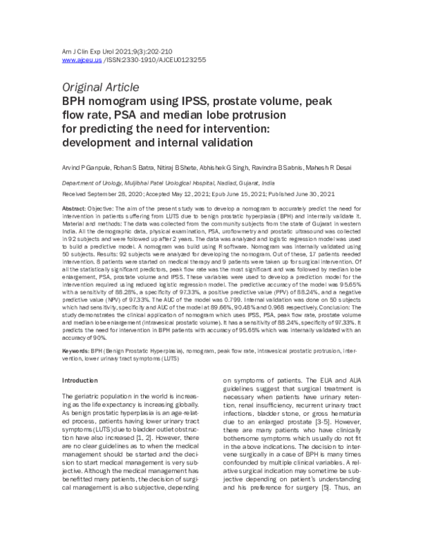 (PDF) BPH nomogram using IPSS, prostate volume, peak flow rate, PSA and ...