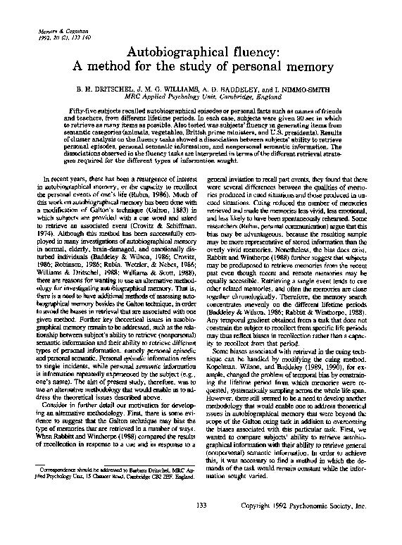 (PDF) Autobiographical fluency: A method for the study of personal memory