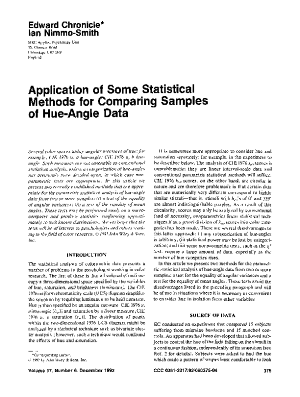 (PDF) Statistical Methods for Hue-Angle Comparison