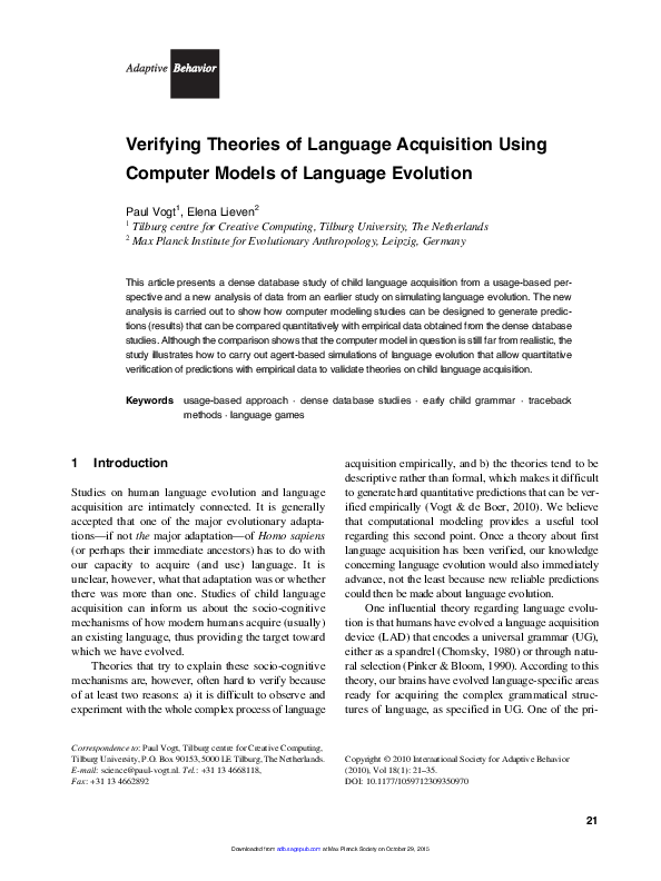 (PDF) Verifying Theories of Language Acquisition Using Computer Models ...