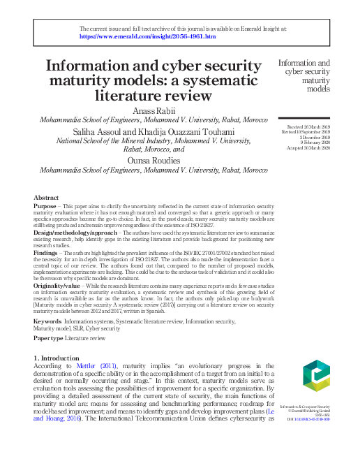 Pdf Information And Cyber Security Maturity Models A Systematic Literature Review