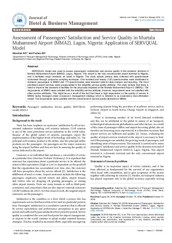 (PDF) Assessment of Passengers’ Satisfaction and Service Quality in Murtala Muhammed Airport ...