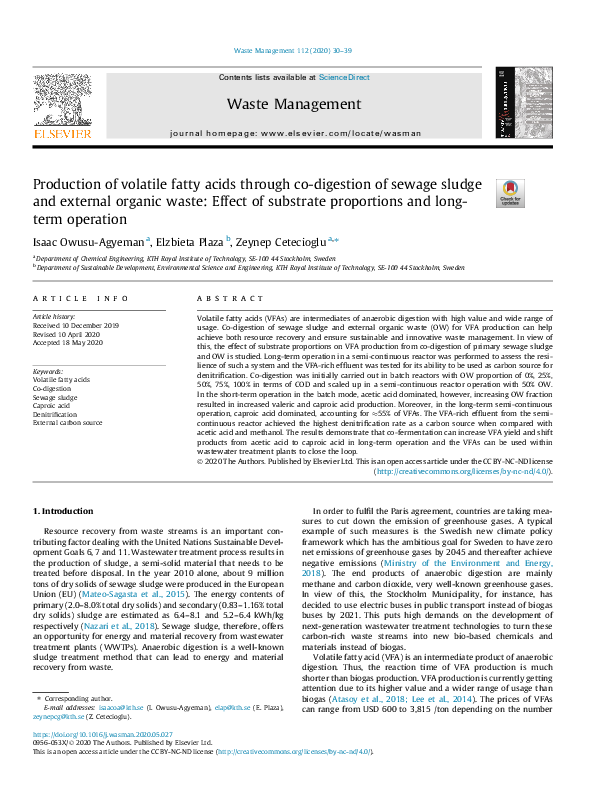 (PDF) Production of volatile fatty acids through co-digestion of sewage ...