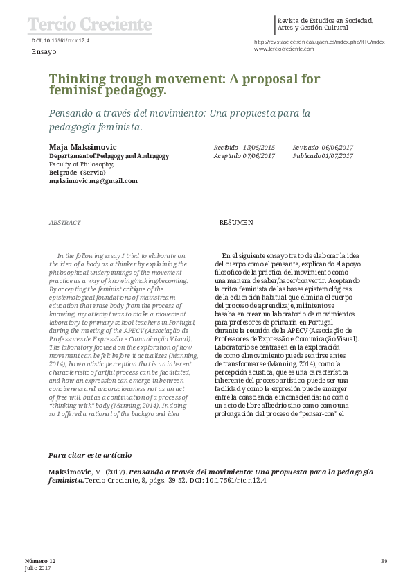 (PDF) Thinking trough movement: A proposal for feminist pedagogy