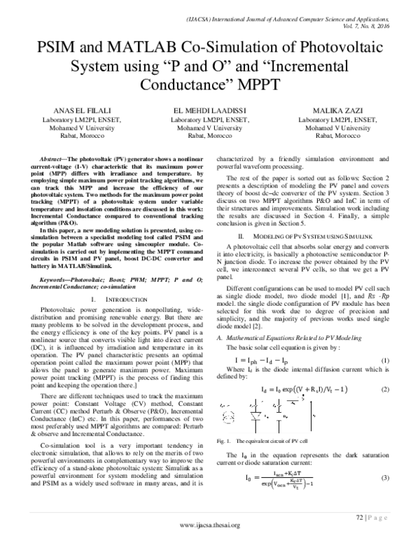 Pdf Psim And Matlab Co Simulation Of Photovoltaic System Using “p And O” And “incremental