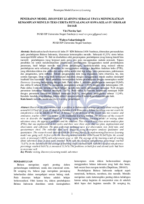 (PDF) Penerapan Model Discovery Learning Sebagai Upaya Meningkatkan Kemampuan Menulis Teks ...