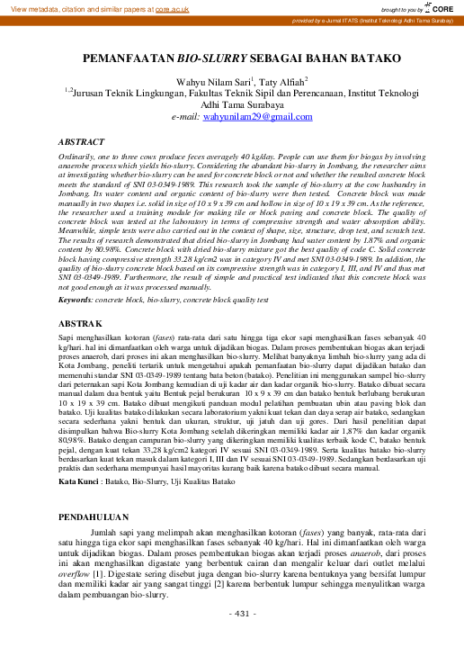 (PDF) Pemanfaatan Bio-Slurry Sebagai Bahan Batako