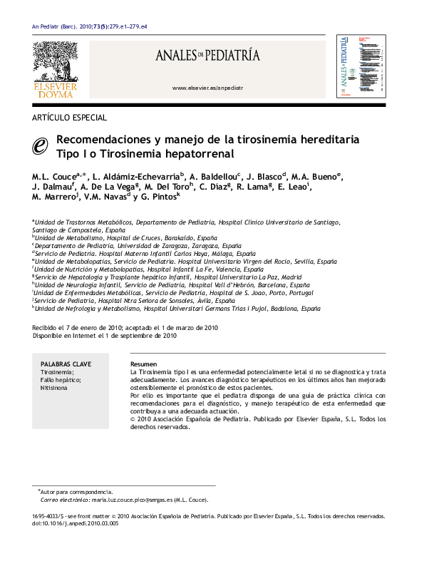 (PDF) Recomendaciones y manejo de la tirosinemia hereditaria Tipo I o ...